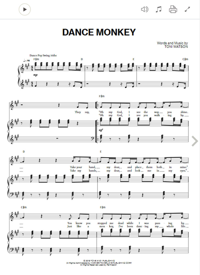 Dance Monkey von Tones and I: Leichte Klaviernoten (PDF)