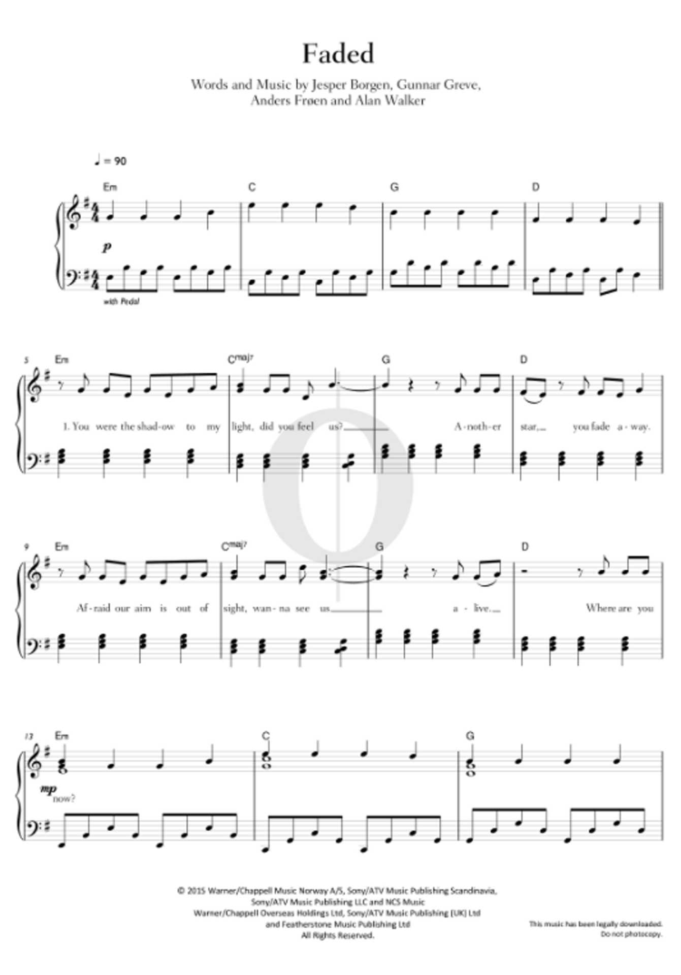 Faded von Alan Walker: Leichte Noten für Klavier (PDF)