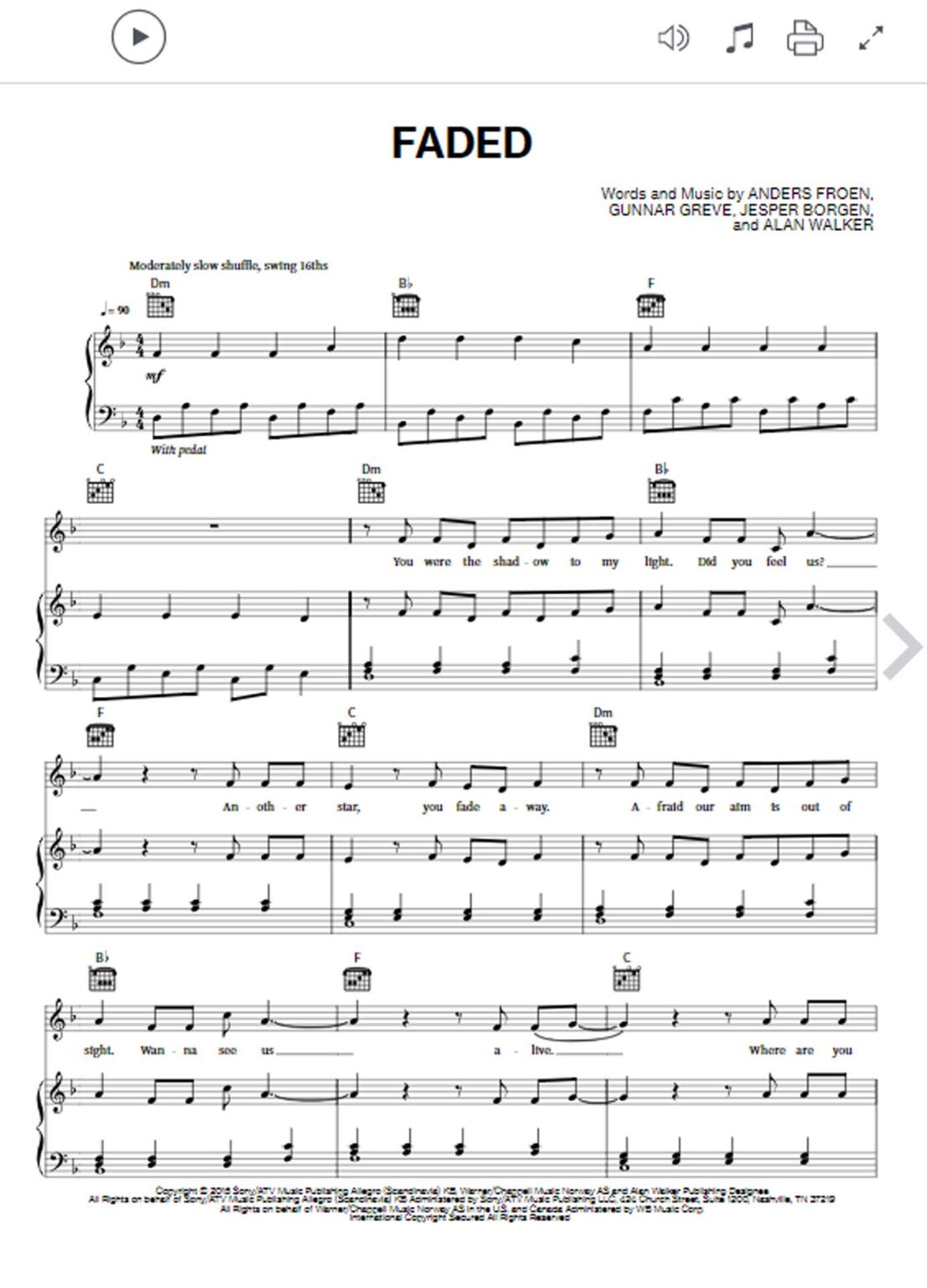 Faded von Alan Walker: Leichte Noten für Klavier (PDF)