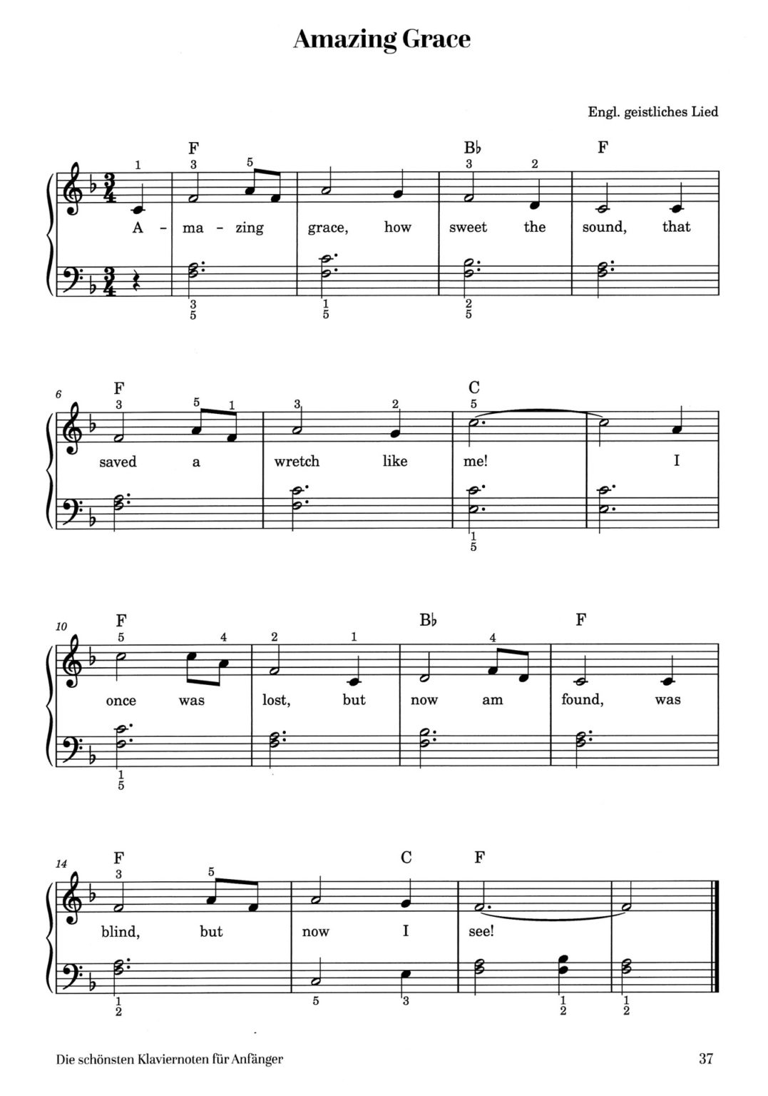 Amazing Grace: Noten für Klavier - einfache Versionen (PDF)