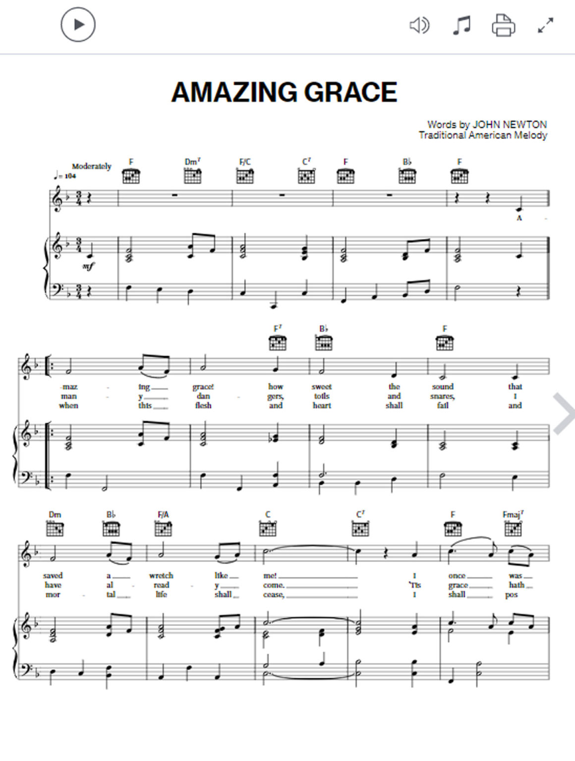Amazing Grace: Noten für Klavier - einfache Versionen (PDF)