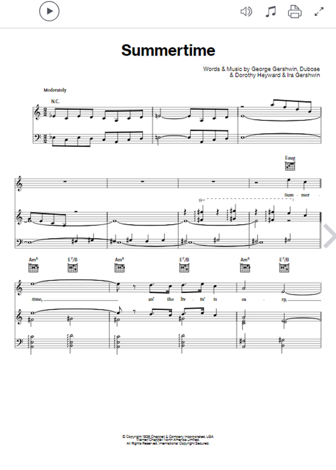 Summertime von George Gershwin: Noten für Klavier (PDF)