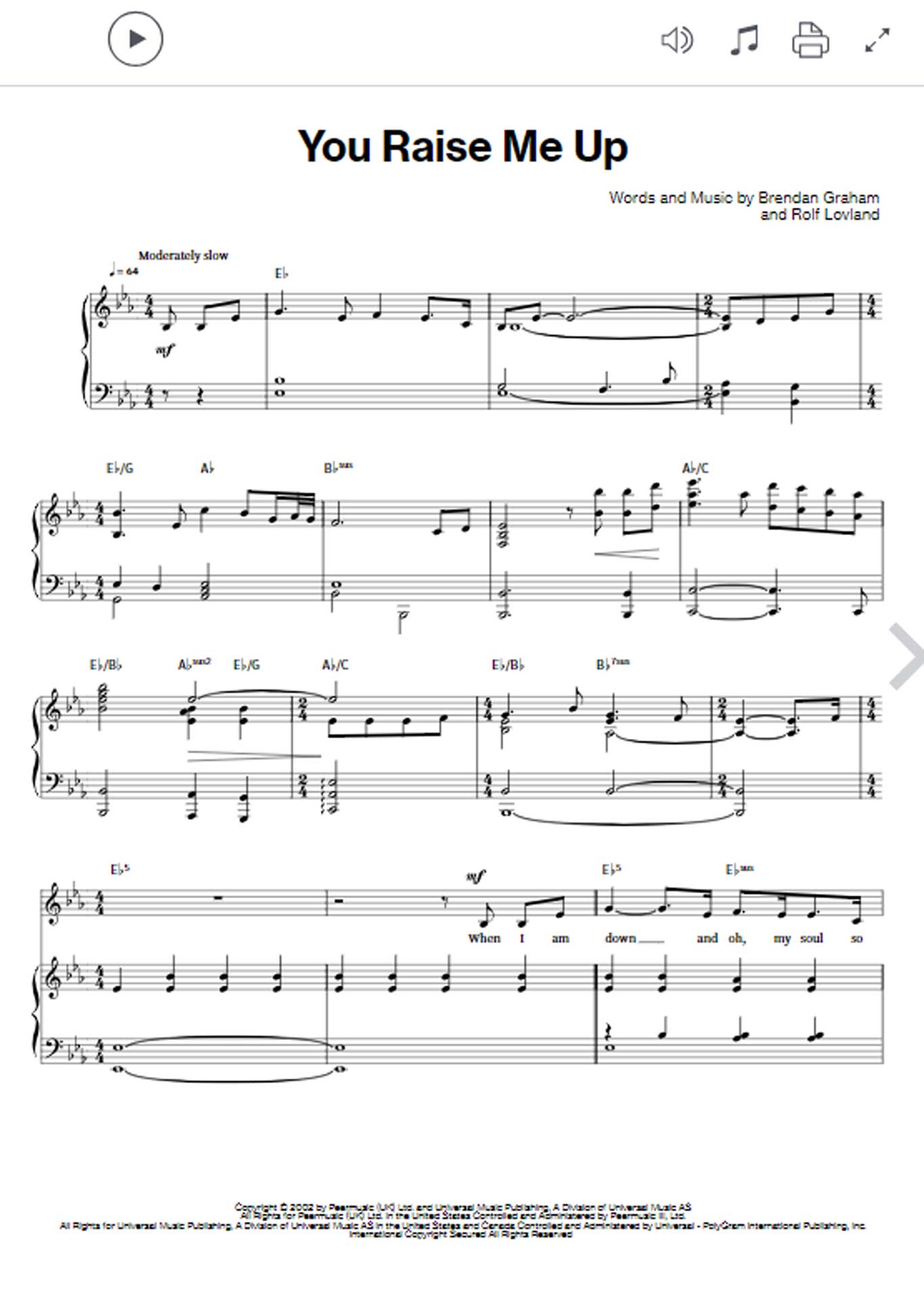 You Raise Me Up: Noten für Klavier - einfache Versionen (PDF)