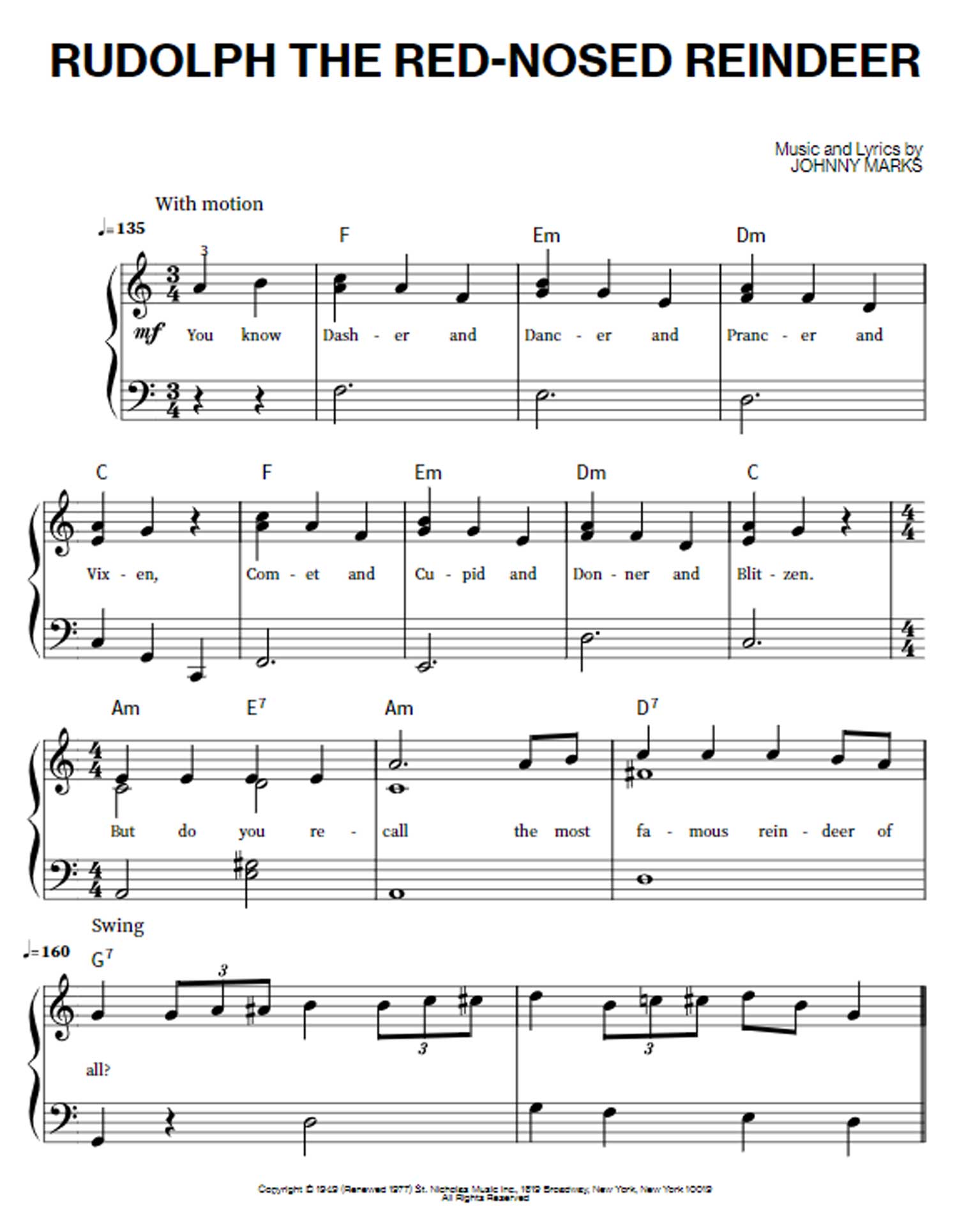 Rudolph The Red-Nosed Reindeer - Einfache Noten für Klavier